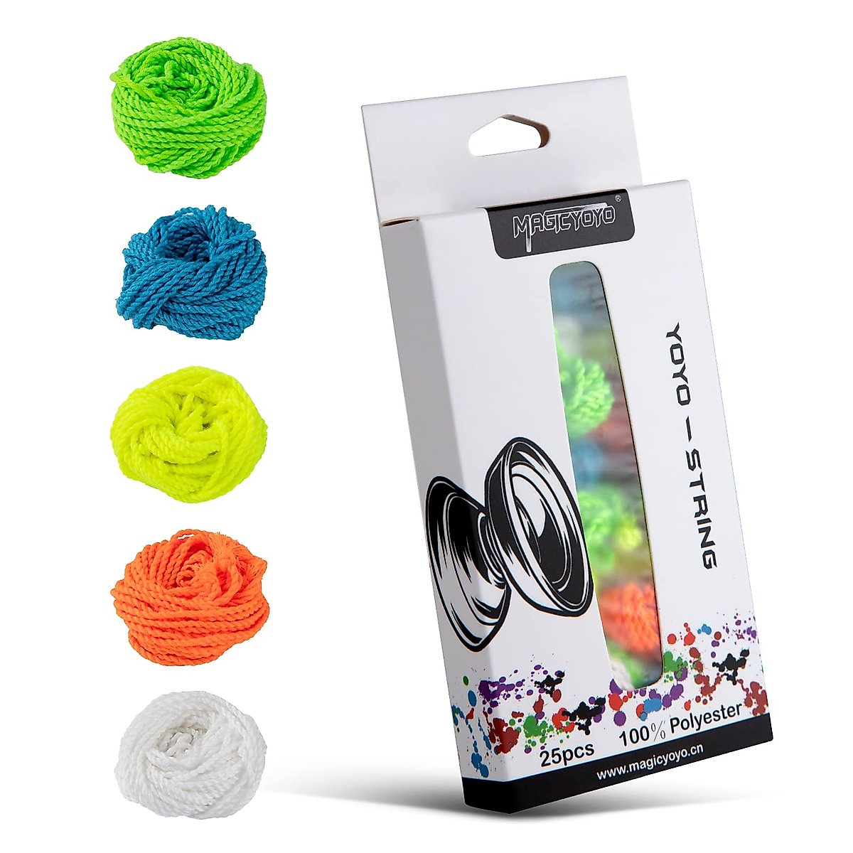MAGICYOYO 100% Polyester Professional Yoyo Strings for Responsive and Non Responsive Yoyos - Pack of 25,Blue, Green, White,Yellow, Orange
