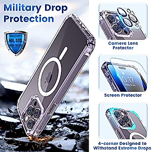 【3 in 1】Nuleto for iPhone 14 Pro Case, iPhone 14 Pro MagSafe Case Built-in 9H Tempered Glass Screen Protector & Camera Lens Protector Full-Body Protective Heavy Duty Shockproof Slim Thin Cover - Clear
