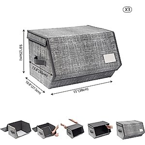 DOVAMY Stackable Storage Bins, Storage Drawers, 3 Drawer Storage Organizer, Storage Bin with Lid, Toy Box, Sock Storage, Fabric Shoes Storage Box, 15”L x 13.8”W x 9.8”H, Light Gray BTM0302