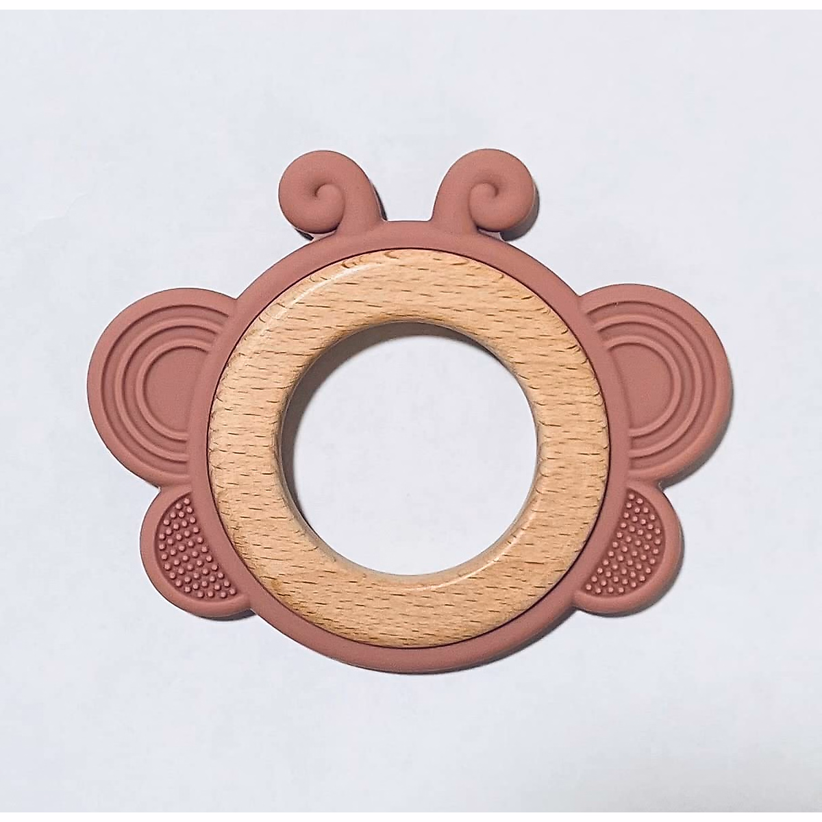 LogiBear Animal Baby Teether Ring for 6+ Months, Non-Toxic BPA Free Food Grade Silicone and Beech Wood, Baby Tested for Easy Grip and Soothing Teething Pain (Butterfly, Pink)