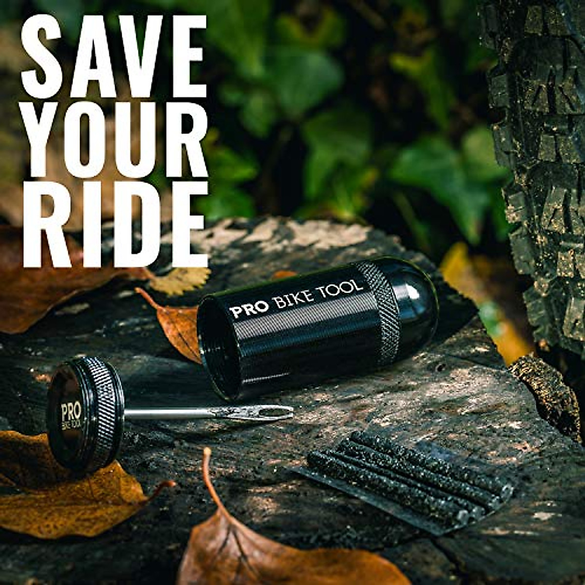 PRO BIKE TOOL Tubeless Bike Tire Repair Kit – for MTB and Road Bicycle Tires – Fix a Puncture or Flat, Fast – Tackle Set Includes Storage Canister, Plugger Tool and Plugs - 5 Bacon and 5 Black Strips