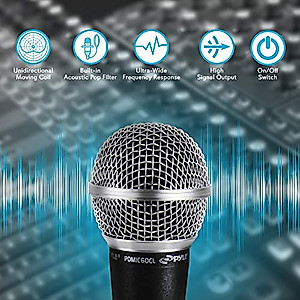 Pyle Professional Dynamic Vocal Microphone - Moving Coil Dynamic Cardioid Unidirectional Handheld Microphone with ON/OFF Switch Includes 15ft XLR Audio Cable to 1/4'' Audio Connection - PDMIC59,Black