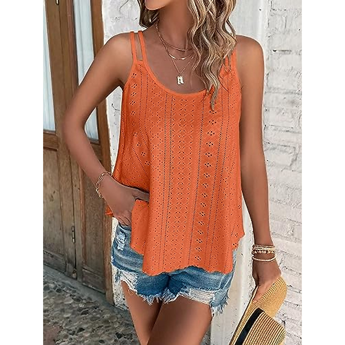 KKJ Womens Fashion Tank Tops Eyelet Embroidery Sleeveless Camisole Scoop Neck Loose Casual 2024 Summer Clothes Flowy Shirts Orange