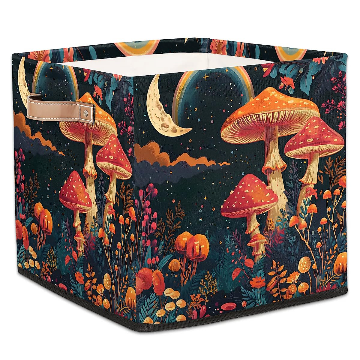 Mardesigns Mushroom Cube Storage Bins 13 x 13 x 13 Inch Botanical Floral Moon Fabric Foldable Storage Cubes Basket Boxes with PU Handles for Shelves Closet Bedroom Organizer Clothes