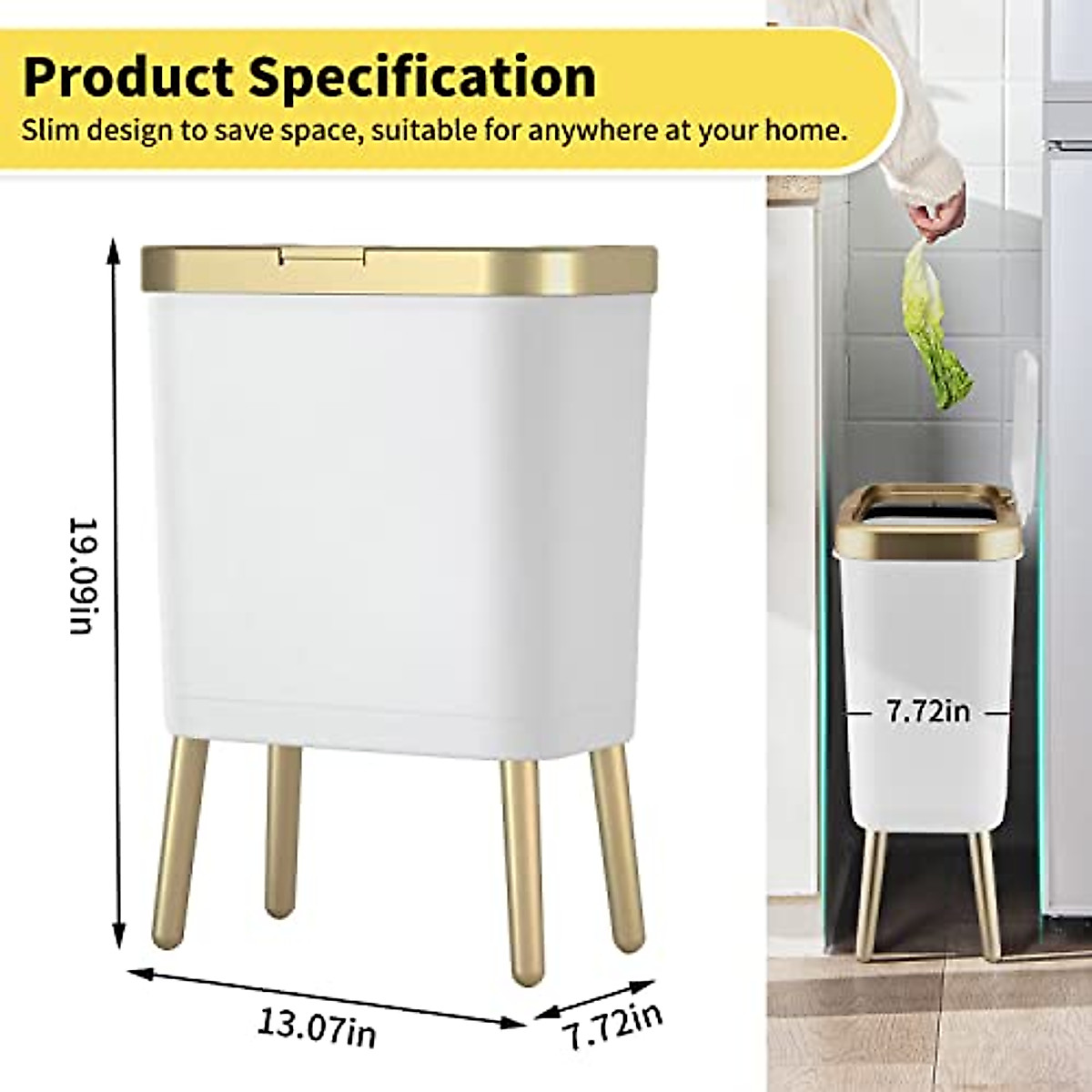 Trash Can with Lid, Plastic Garbage Can with Push Button, Narrow Modern Waste Basket for Kitchen, Slim Bedroom Garbage Bin, 15L Bathroom Trash Can for Home, Living Room, Toilet, Office (White)
