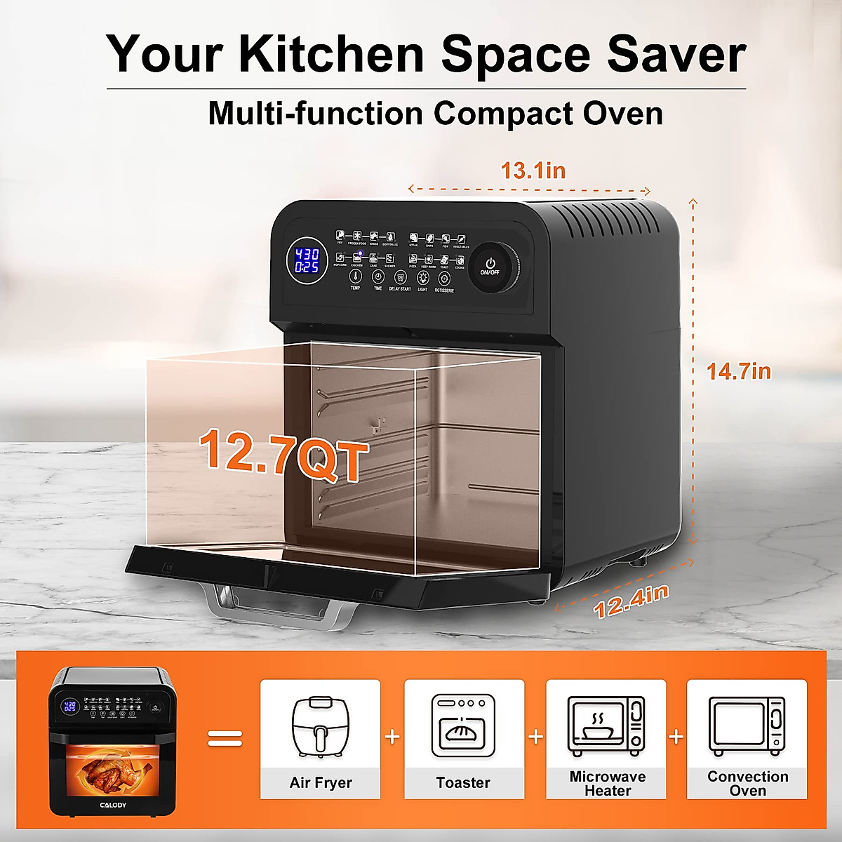 Calody 12.7 QT Air Fryer, 16-in-1 Air Fryer Toaster Oven Combo with One-Touch Preset Cooking Functions, LED Display Screen, Visible Window, Recipe and 6 Accessories Included, 1600W