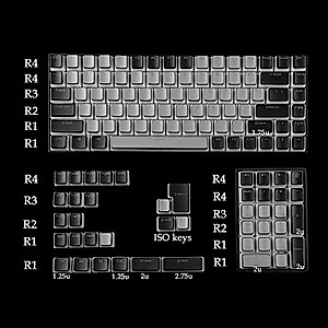 YMDK 128 PBT Double Shot Doubleshot Shine Through ANSI ISO OEM Profile Pudding Keycaps Key caps for MX Mechanical Keyboard 61 68 87 104 (128 Black Gray)