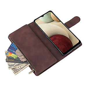 LBYZCASE Phone Case for Galaxy A12,Samsung A12 Wallet Case,Luxury Folio Flip Leather Cover[Zipper Pocket][Wrist Strap][Kickstand] for Samsung Galaxy A12 (Coffee)