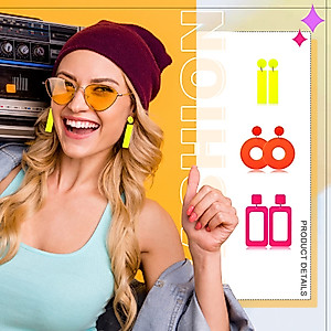 Hinly 6 Pair Halloween Neon Earrings Retro Geometric Neon Accessories 80s Jewelry for Women Simple Circular Oval Acrylic Dangle Drop Earrings Colorful Pendant Hoop Earrings for Costume Party, 6 Styles