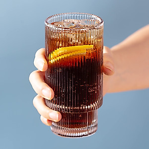 SUNNOW Vastto 11 Ounce Stackable Ribbed Glass Cup,Iced Tea Glasses for Water, Beverage,Juice, Wine,Beer and Cocktail,Set of 4