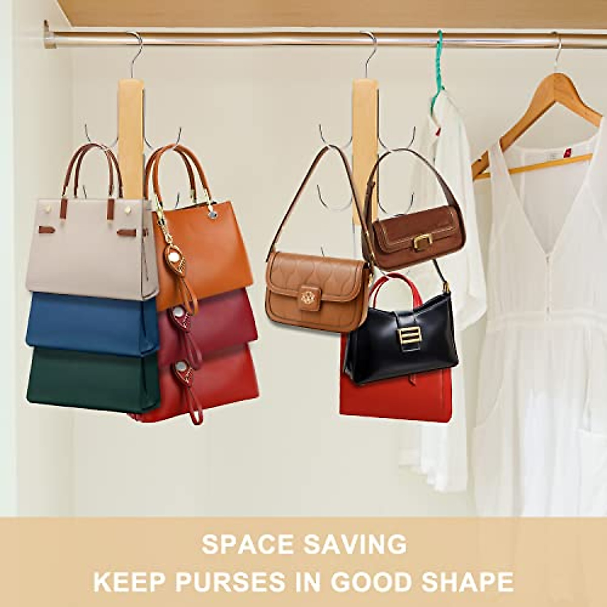 Volnamal Purse Hanger Organizer for Closet 2 Pack, Wood Handbag Storage Holder Metal Hanging Space Saving Hook, Closet Organizers and Storage Scarves, Ties, Shawls, Backpacks, Belts
