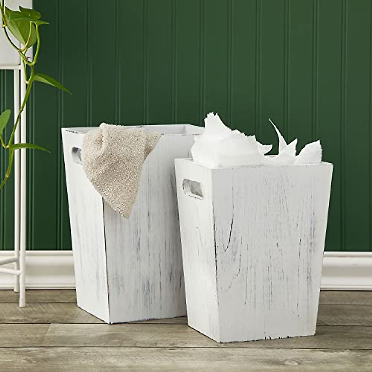 Farmlyn Creek 2 Piece Rustic Bathroom Trash Can Set with Handles for Bedroom, Living Room, Office (White-Washed, 2 Sizes)