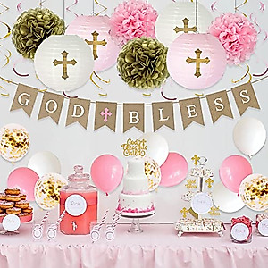 Baptism Decorations for Girls, First Communion Decorations, Christening Decor 1st Holy Communion Party Supplies God Bless Banner Pink Party