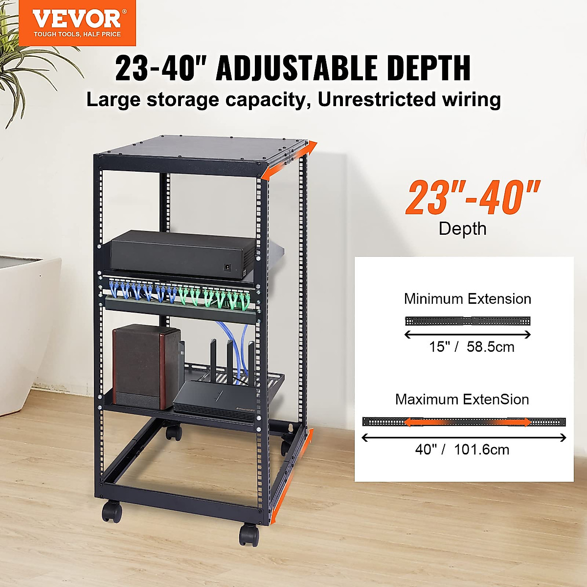 VEVOR 20U Open Frame Server Rack, 23''-40'' Adjustable Depth, Free Standing or Wall Mount Network Server Rack, 4 Post AV Rack with Casters, Holds All Your Networking IT Equipment AV Gear Router Modem