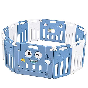 HONEY JOY Baby Play Yards, 14 Panel Foldable Baby Playpen, Anti-Slip Base & Lockable Safety Gate, Indoor Large Baby Fence Play Area for Babies and Toddlers (Blue, 14 Panel)