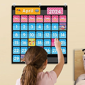 REGELETO Black Calendar Pocket Chart for Classroom with 85 Cards and 3 Hooks, Monthly Calendar and Weather Pocket Chart for Kids Learning for Home or Kindergarten (25” X 24”)