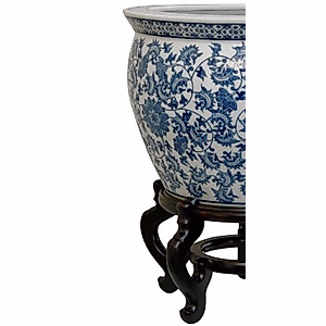Oriental Furniture 16" Floral Blue & White Porcelain Fishbowl