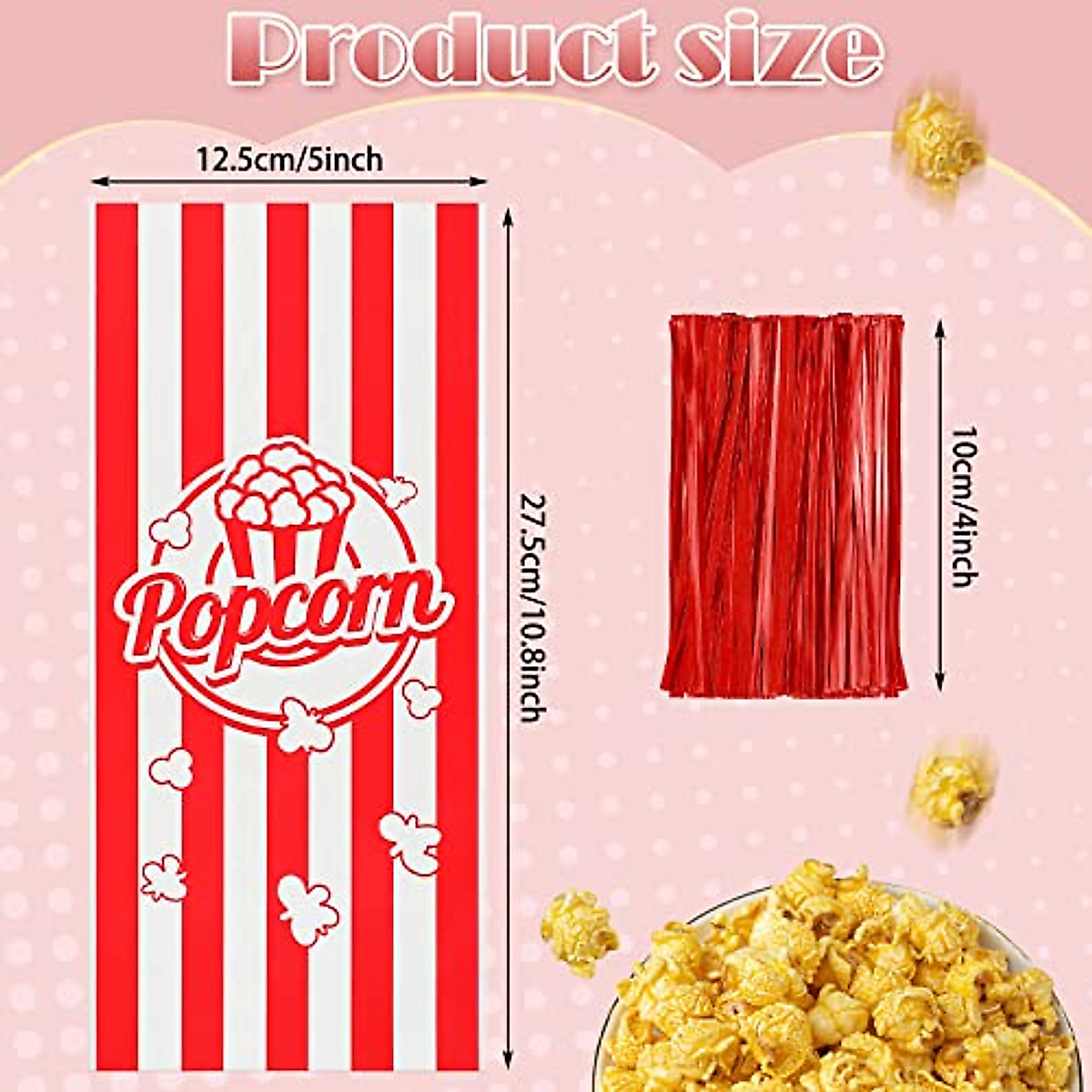 100 Pcs Popcorn Bags for Party Treat Set, Cellophane Candy Bags Red White Stripe Cookie Snacks Bags with 150 Red Twist Ties for Circus Carnival Birthday Party Favor(Strip Style)