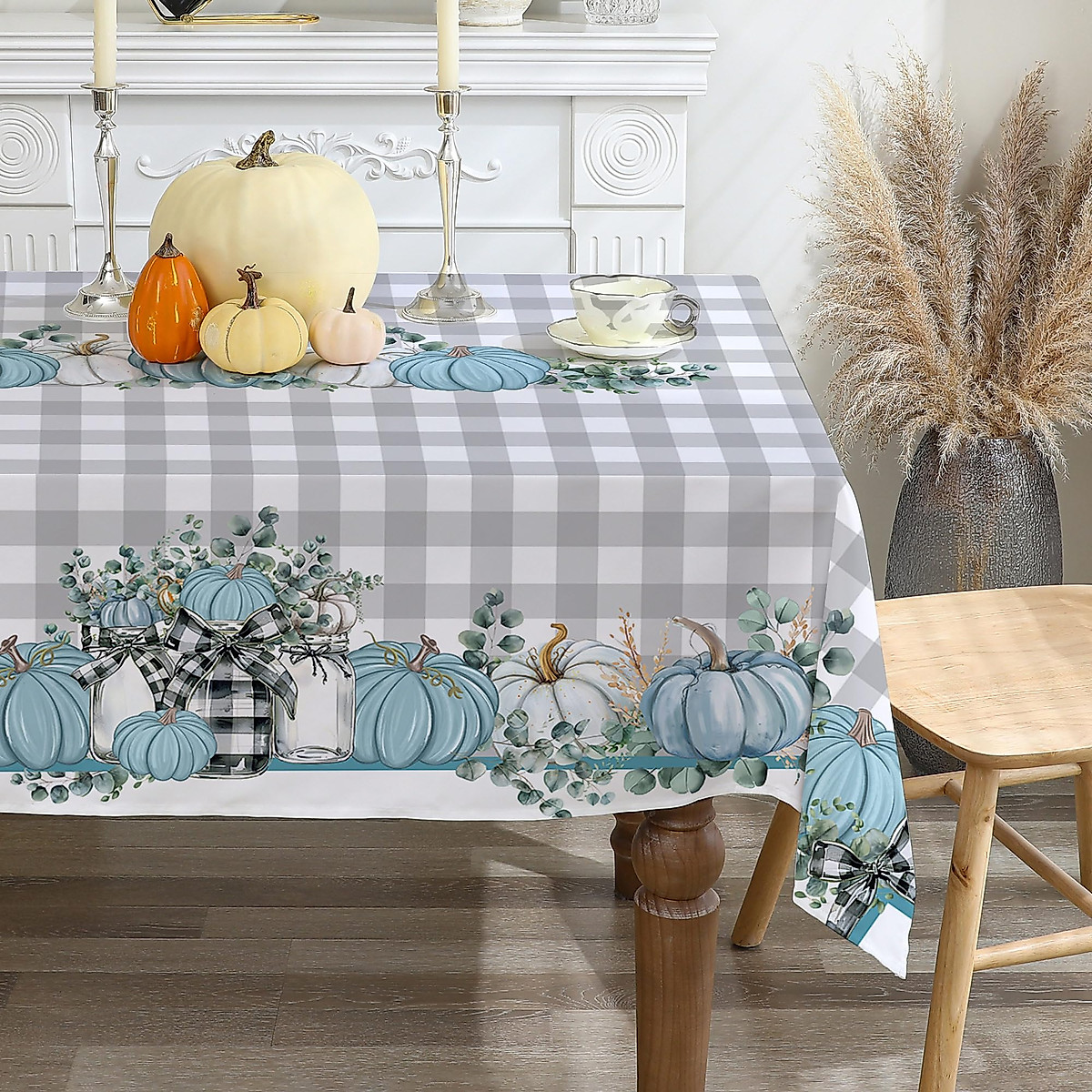 cusugbaso Fall Tablecloth 60x84 Inch Rectangle - Eucalyptus Blue Pumpkins Fall Decor for Home - Water Resistant Thanksgiving Table Cloth Rectangle for Party,Dinning,Home