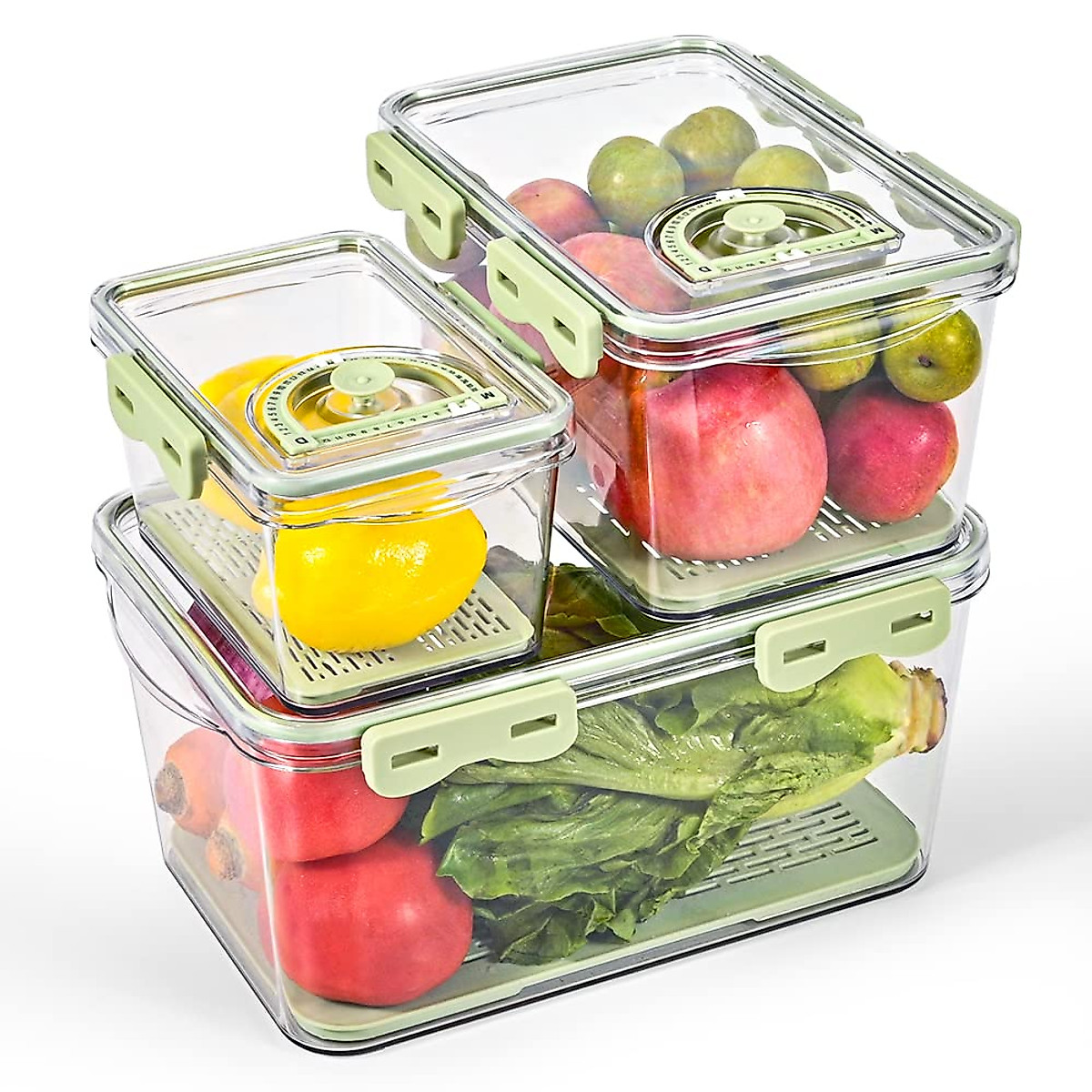 Fruit Storage Containers for Fridge 3 Pack Vegetable Produce Saver Container Refrigerator with Lid & Removable Tray Air Vents, Time Remember, BPA-Free Kitchen Organizer Bins Lettuce Salad Berry Keeper