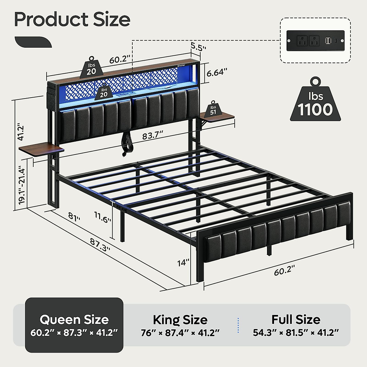 Bestier Queen Bed Frame with Upholstered Headboard and Charging Station, Foldable Bedside Shelves Storage, LED Metal Platform Bed, Easy Assembly, Black, Walnut