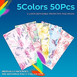 NiHealth 50-Pack Individually Wrapped Disposable Face Masks Tomorotec 3-Ply Colorful Breathable Non-Woven Masks (5 Flower Designs)