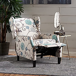 Christopher Knight Home Westeros Traditional Wingback Fabric Recliner Chair (White & Blue Floral) and Ippolito Fabric Pillows, 2-Pcs Set, White and Blue Floral