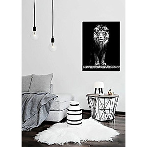 LevvArts - Lion Canvas Print,Portrait of Beautiful Lion in the Dark Wall Art Stretched Wood Frame,Black and White Animal Canvas Pictures for Living Room Decoration,Ready to Hang