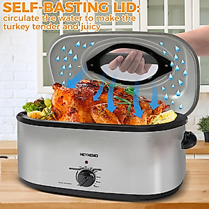 26 Quart Electric Roaster Oven with Visible & Self-Basting Lid, Large Turkey Defrost Warm Function, Adjustable Temperature, Removable Pan Rack, Stainless Steel, Silver