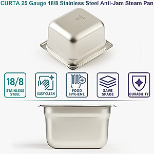 CURTA 6 Pack Anti-Jam Hotel Pans with Lids, 1/6 Size 4 Inch Deep, NSF Commercial 18/8 Stainless Steel Chafing Steam Table Food Pan with Covers