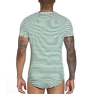 Landofgenie Mens Striped Onesie Pajamas Press Button Crotch Shirt Bodysuit Short Sleeve One Piece Bodysuit White 3XL