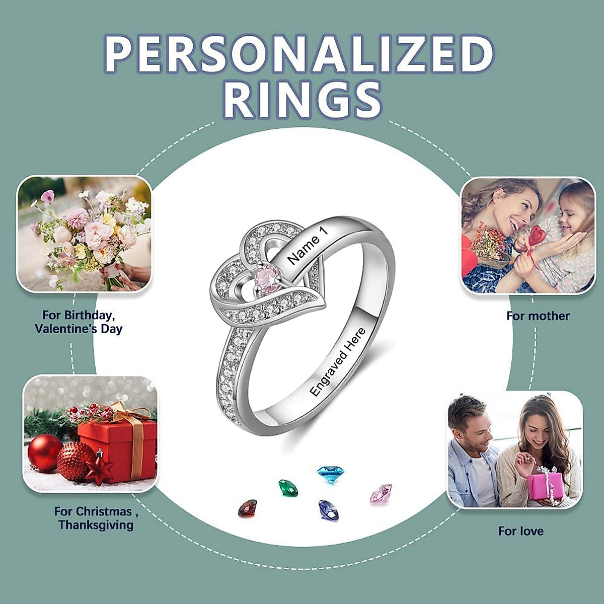 Personalized Birthstone Rings Silver Heart Custom Engraved Name Ring Wedding Family Christmas Mother Days Birthday Anniversary Jewelry for Women Grandma Her Daughter (1 stone)