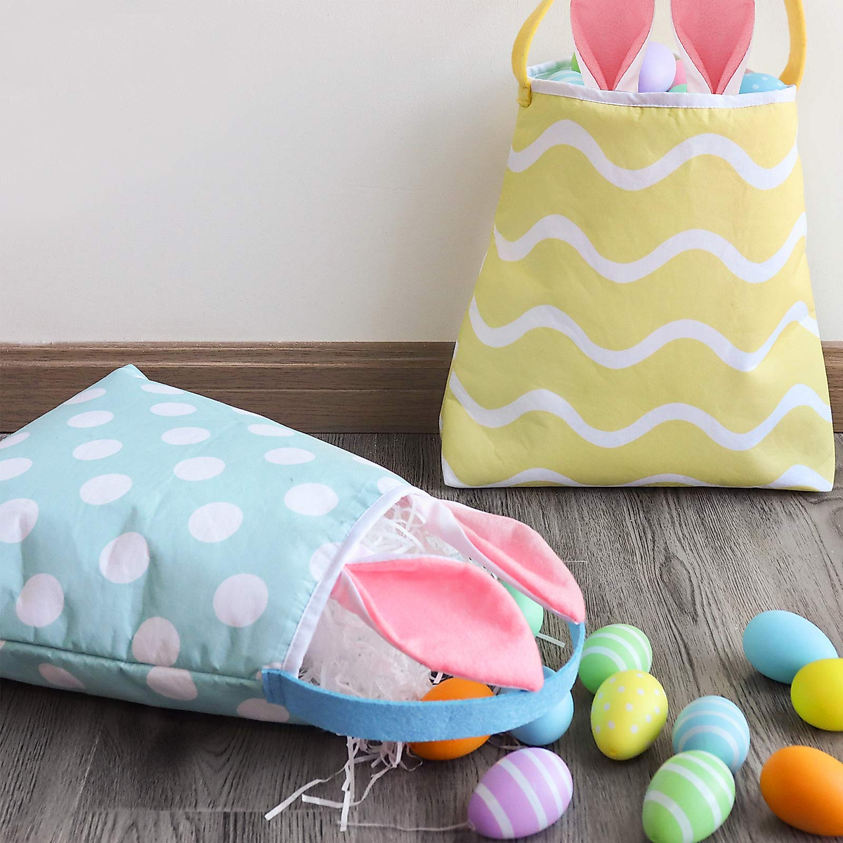 Ivenf Easter Tote Bags with Bunny Ears 3ct, Pink Blue Yellow Easter Gift Bags for Hunt Games Eggs, Kids School Home Party Supplies Decorations