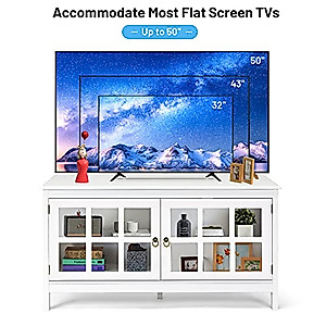 KOTEK Wooden TV Stand for TVs up to 50'', TV Console with Storage, Glass Doors & Adjustable Shelves, Modern Entertainment Center for Living Room (White)