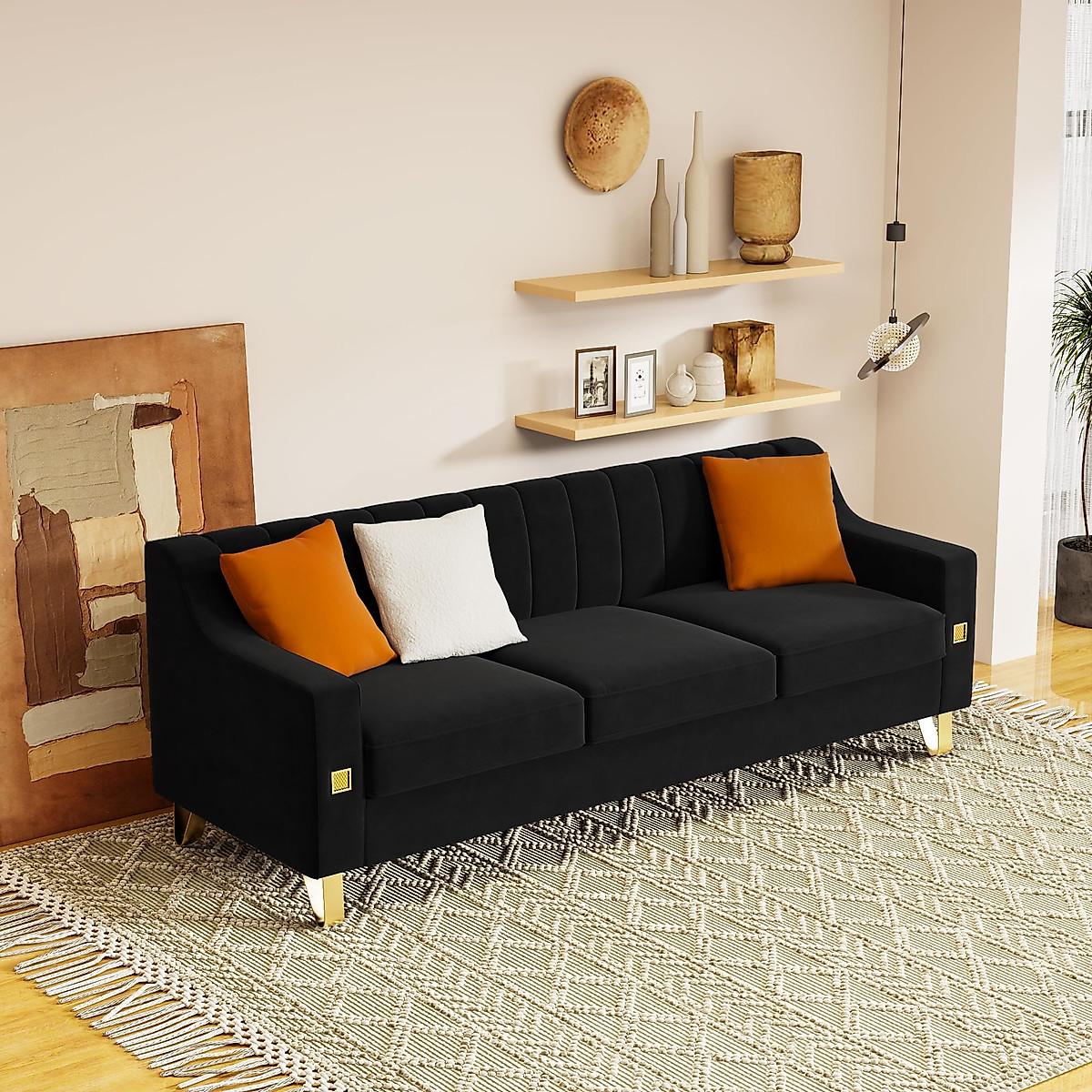 STORFENBOR 83'' Velvet Sofa, Chesterfield Velvet Upholstered Mid-Century Modern Loveseat, Ring Anti-Crash Design Armchair Feet, 3 Seat Living Room Apartment Large Comfort Sofa (Beige)