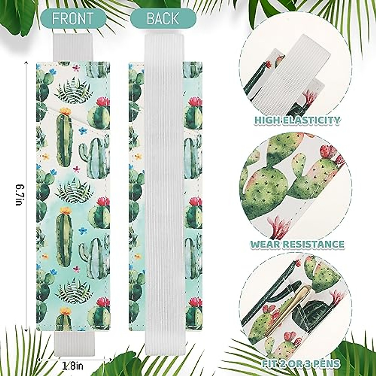Qilery 6 Pcs Elastic Band Pen Holder for Notebook Boho Cactus Leaves Minimalist PU Leather Pen Sleeve Pouch Adjustable Pen Case for Hardcover Journals Planners Back to School Gift (Cactus)