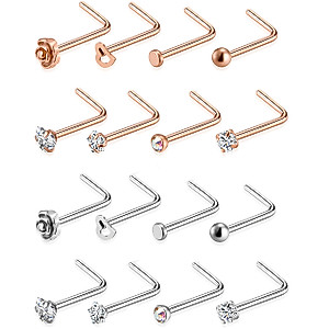 Tornito 20G 16Pcs Stainless Steel L Shaped Nose Ring CZ Nose Stud Retainer Labret Nose Piercing Jewelry (A1:16Pcs)