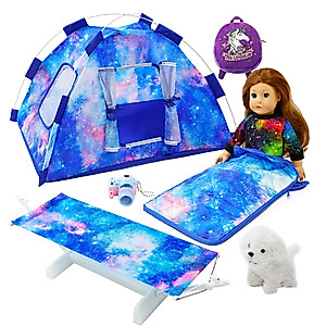 Srua Don 18 Inch Dolls Accessories Camping Tent and Hammock Set - Including Doll Camping Tent, Sleeping Bag, Hammock Bed, Toy Camera, Doll Backpack, Toy Dog, 6 Items Fits 18" Dolls