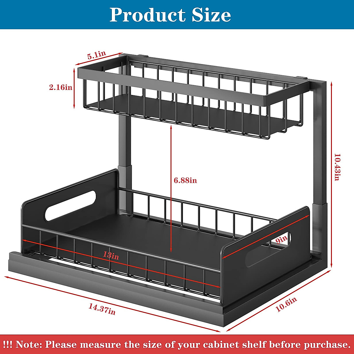 LFGKeng Under Sliding Sink Organizer, Pull Out Cabinet Drawer 2 Tier, Under Sink Shelf Organizer Rack, Under Cabinet Storage for Kitchen Spice Organizer, Bathroom Countertop Organize Baskets(Black)