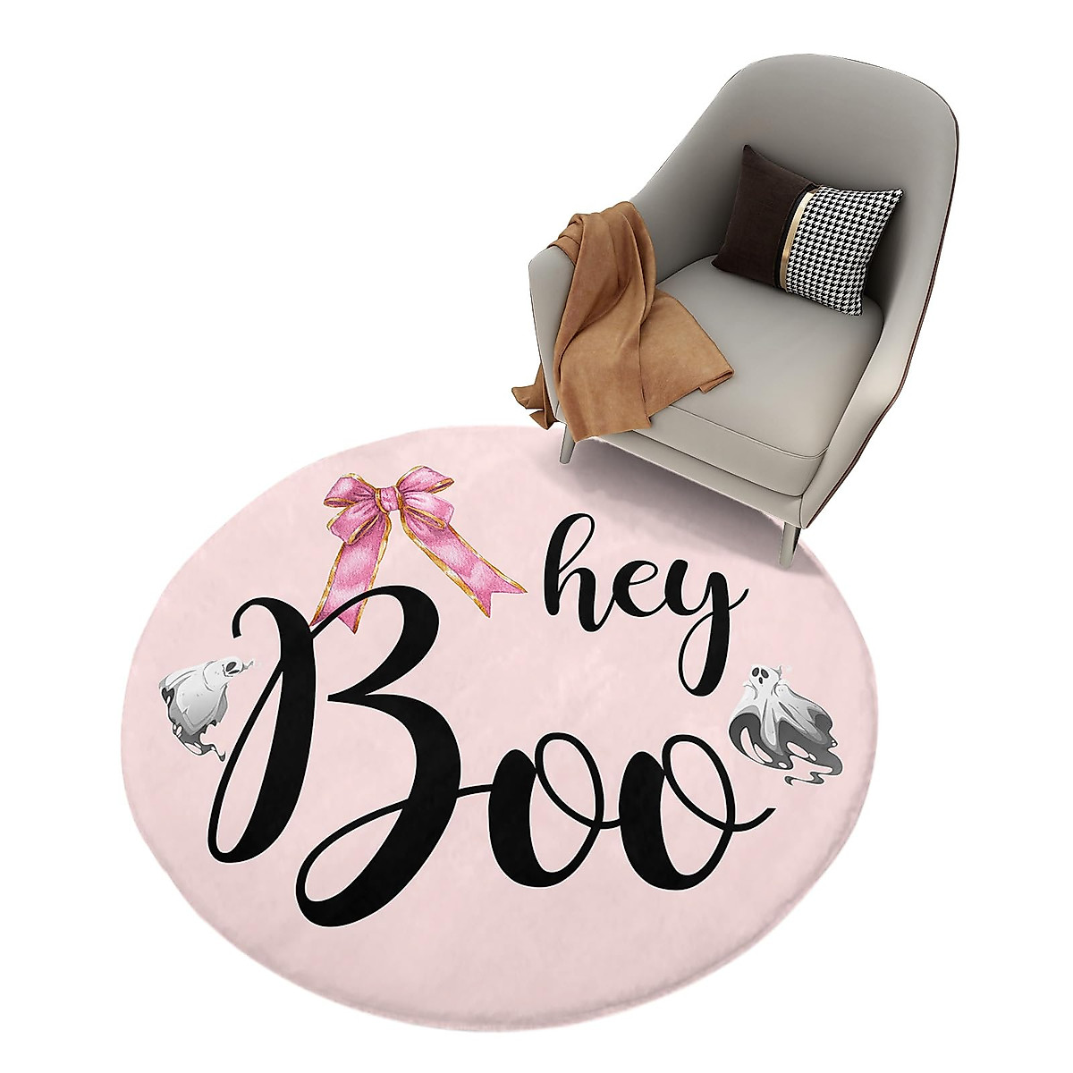 Halloween Fluffy Round Area Rug Carpets 3ft, Plush Shaggy Carpet Soft Circular Rugs, Non-Slip Fuzzy Accent Floor Mat for Living Room Bedroom Nursery Home Decor Blush Pink Spooky Ghost Horror