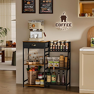 Coffee Bar Cabinet, Coffee Stand Station with Drawer for Coffee Accessories Syrup Dispenser, 3-Tier Farmhouse Coffee Table with Fence for Living Room, Corner, Kitchen, and Small Space（Rustic Brown）