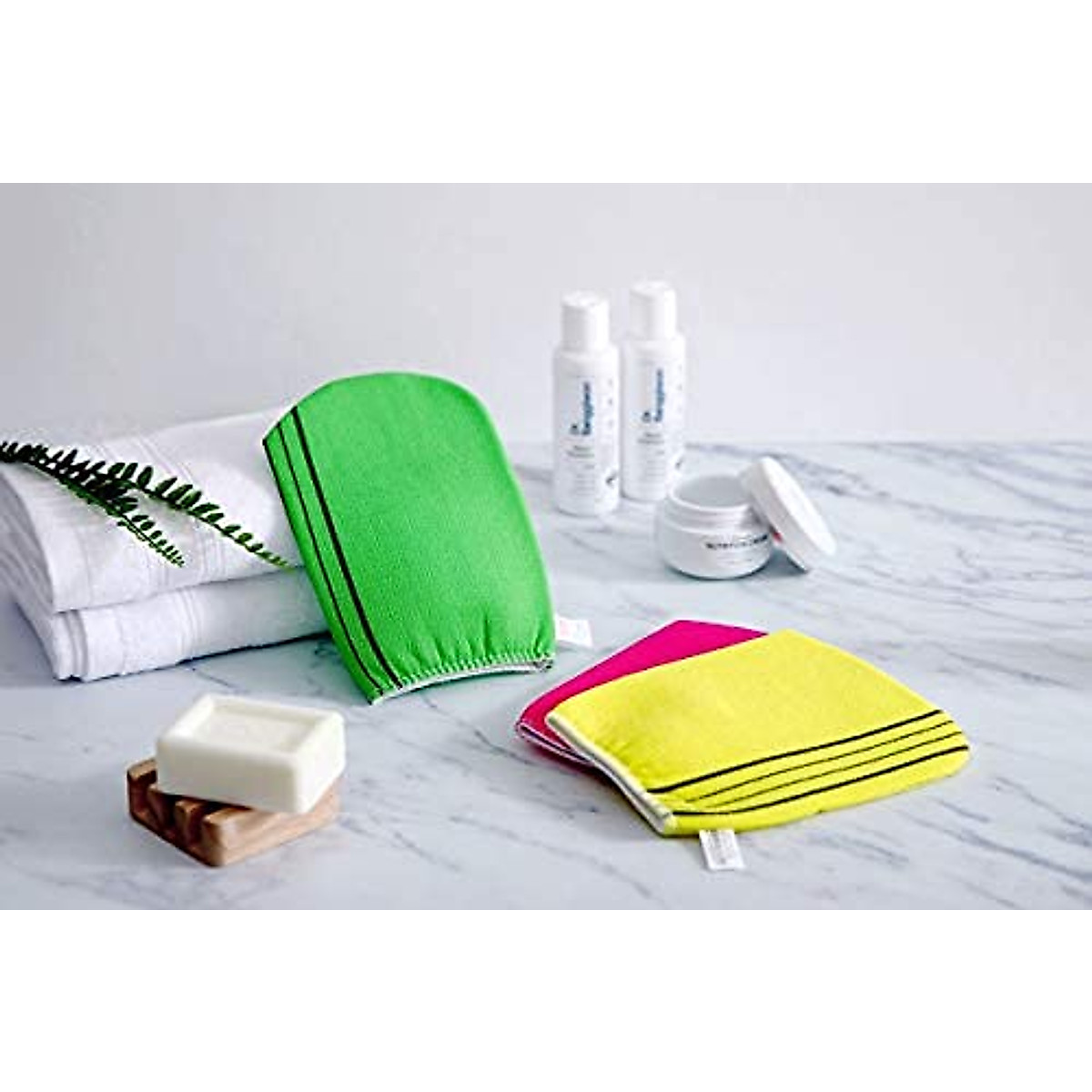 Bastex Exfoliating Bath Washcloth. Genuine Korean Towel Cloth Used for Exfoliating. Exfoliator Scrub Mitten for Bath and Shower Use - 3 Pieces (6.7 inch x 5.2 inch). Comes in Yellow, Pink and Green