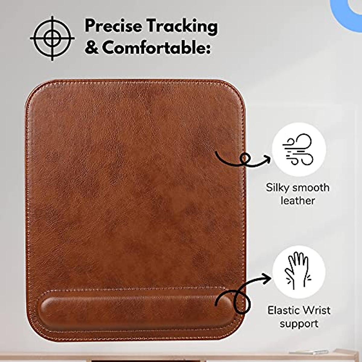 LAMOTI Leather Mouse Pad with Wrist Support, Ergonomic Mouse Pad with Silky Smooth Surface & Non-Slip Backing (Brown)