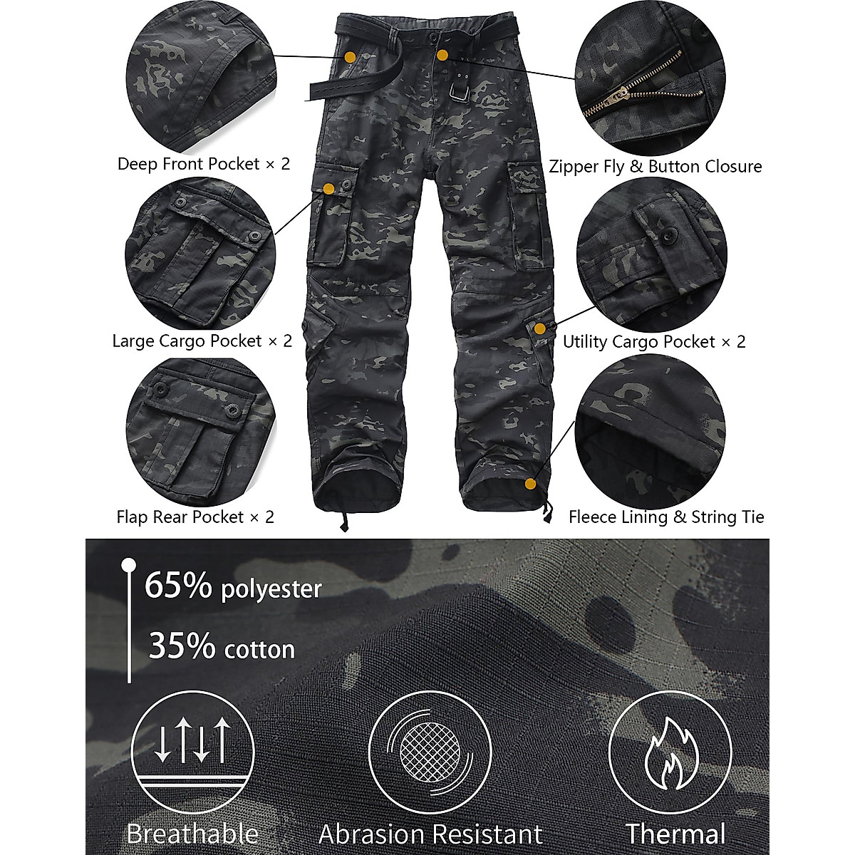 GSGGIG Men's Fleece Lined Camo Hiking Tactical Ripstop Pants Winter Outdoor Work Cargo Pants with 8Pockets No Belt JR55 Black CP CAMO 32