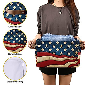 America Usa Flag Storage Basket Large Collapsible Storage Cube Bin Rectangular Laundry Organizer with Leather Handles for Nursery Shelf Bedroom Home, 1Pc