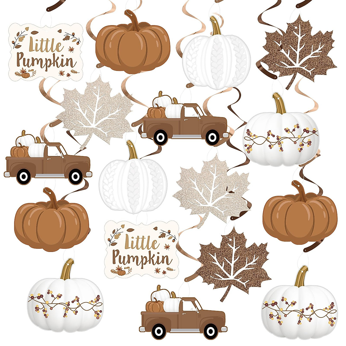 K KUMEED Fall Party Hanging Swirls Decorations,20Pcs Little Pumpkin Ceiling Hanging Decorations,Boho White Pumpkin Leaf Truck Cutouts for Home Autumn Theme Baby Shower Harvest Decor Party Supplies