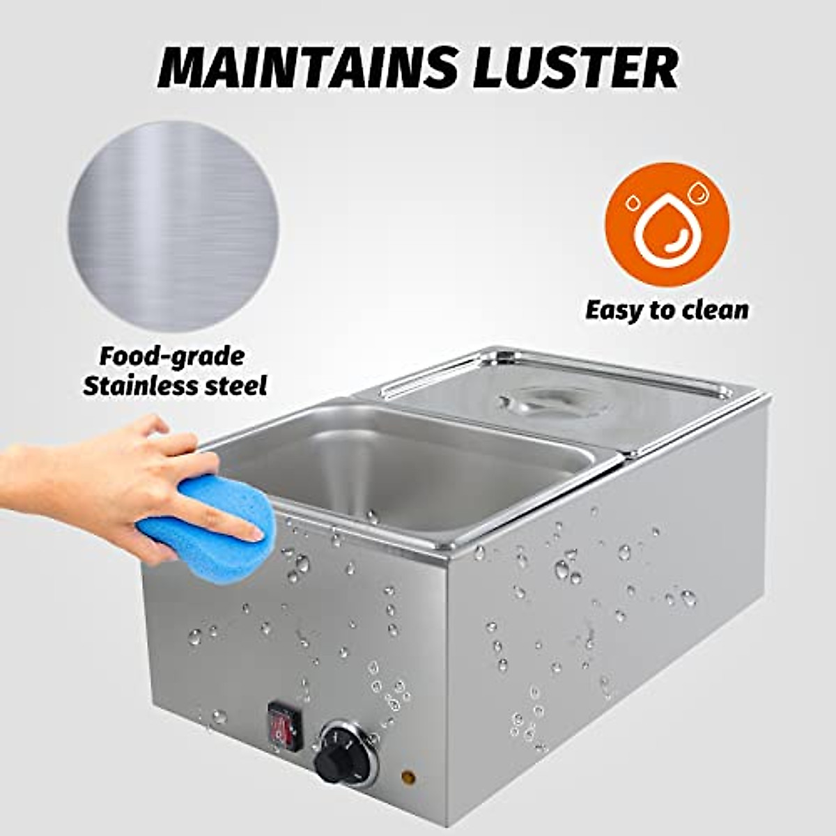 EASYROSE Commercial Food Warmer 2-Pan Steam Table Food Warmer Buffet Bain Marie with Temperature Control & Lids, Electric Warming Trays for Food or Sauces - 120V, 1200W, 10.6 QT/Pan