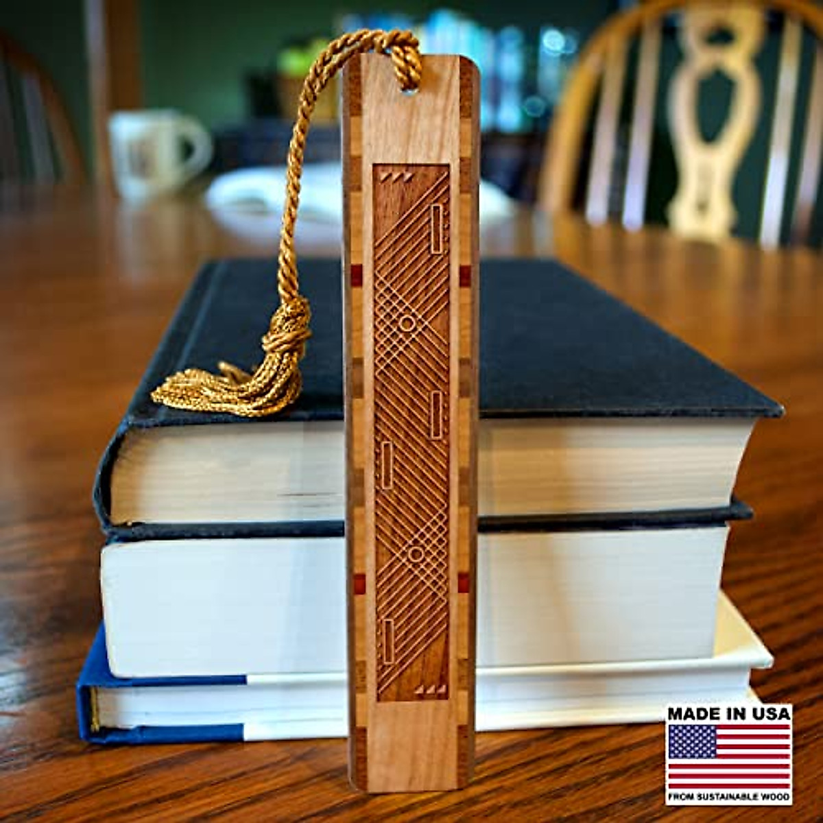 Harp Strings Engraved Wooden Bookmark with Copper Tassel - Made in USA
