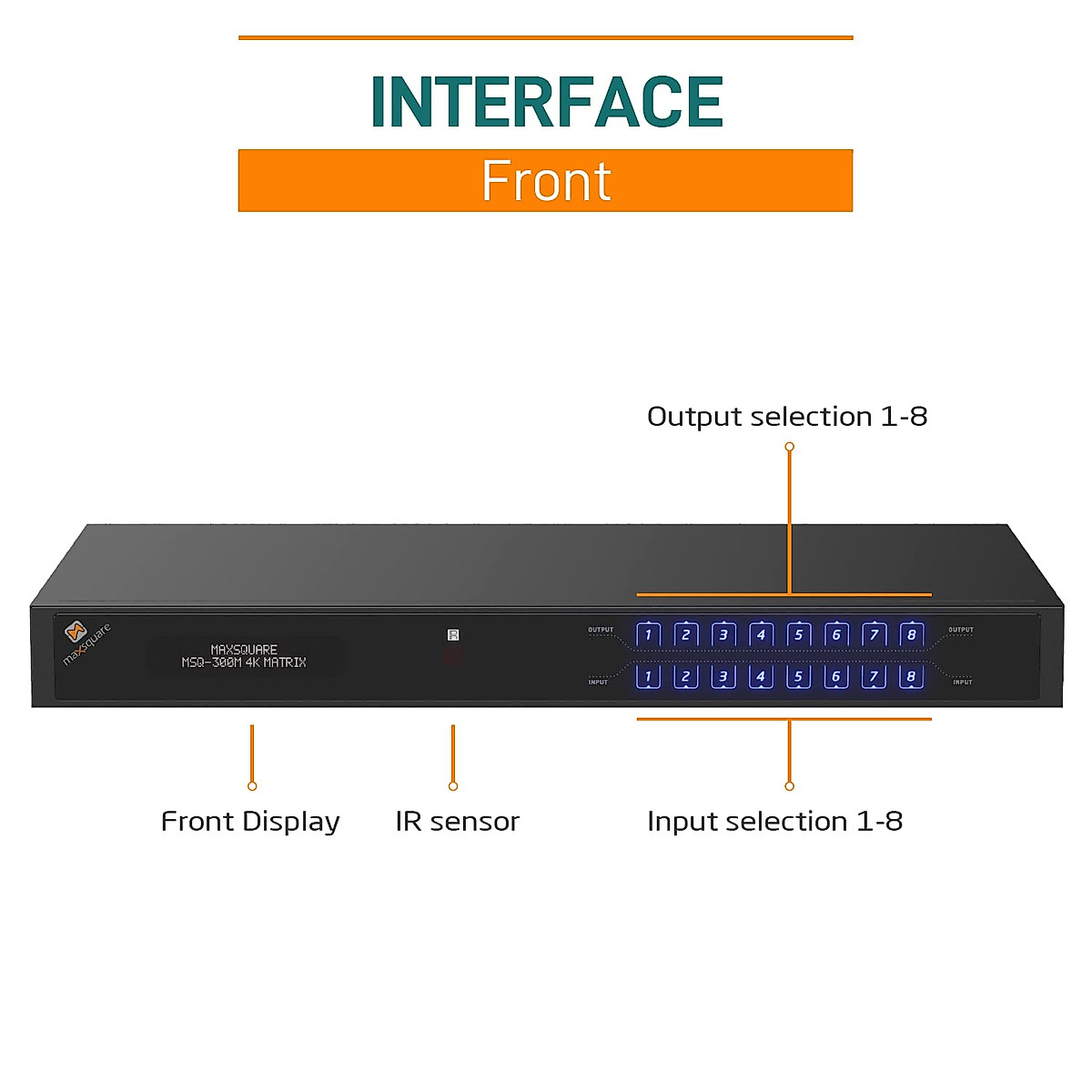 MAXSQUARE 8x8 HDMI Matrix Switch UHD 4K@60Hz 4:4:4 HDR Front Panel Touch Button, ARC & Audio Extraction, HDMI 2.0a, HDCP 2.2/1.4, 7.1ch Audio, EDID Management/Learning, TAA/NDAA Compliant