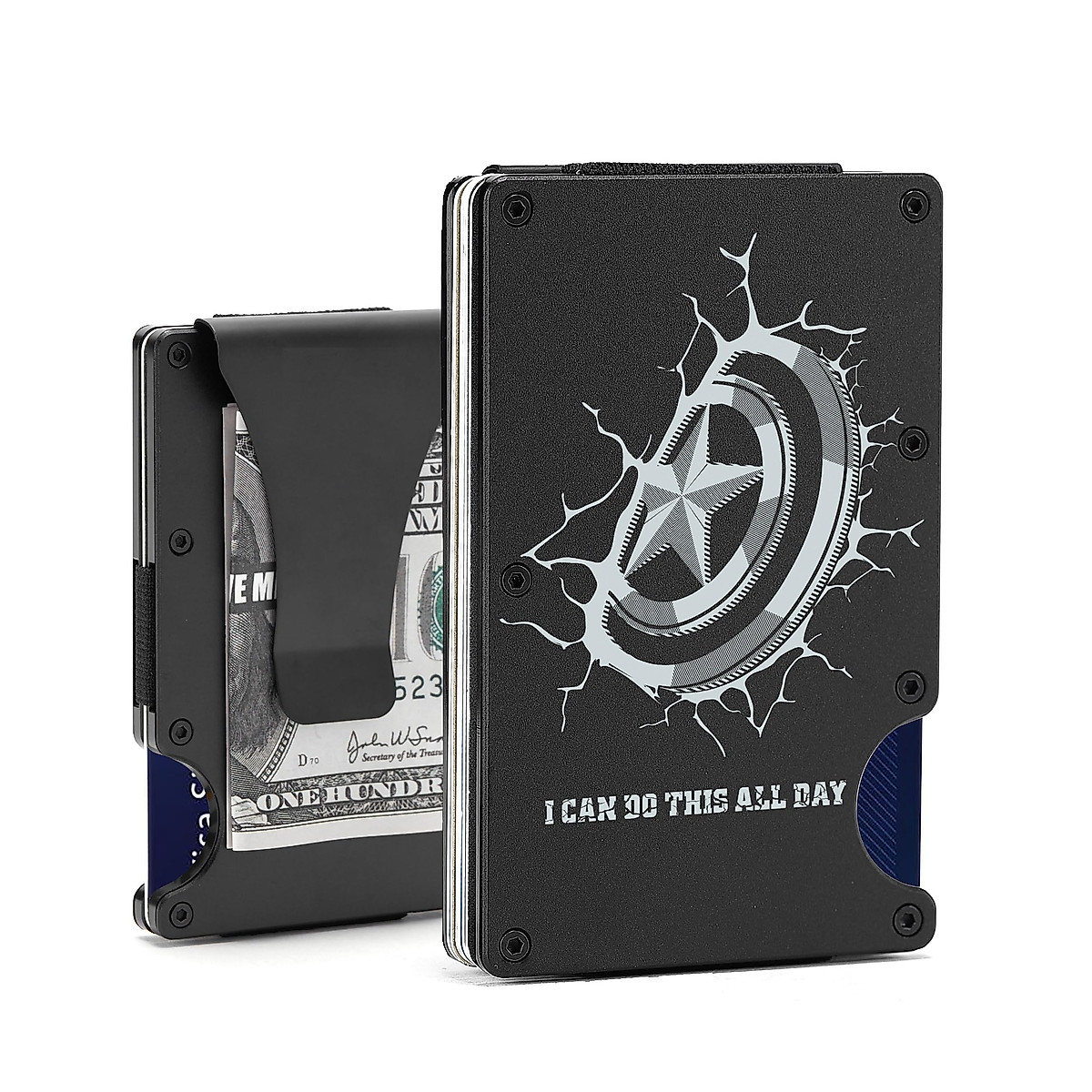 Personalized Gift for Men | Minimalist Metal Wallet for Husband Boyfriend Dad Son | Aluminum Front Pocket Card Holder with Money Clip | Anniversary Birthday Christmas Wedding | Engraved Hero Shield